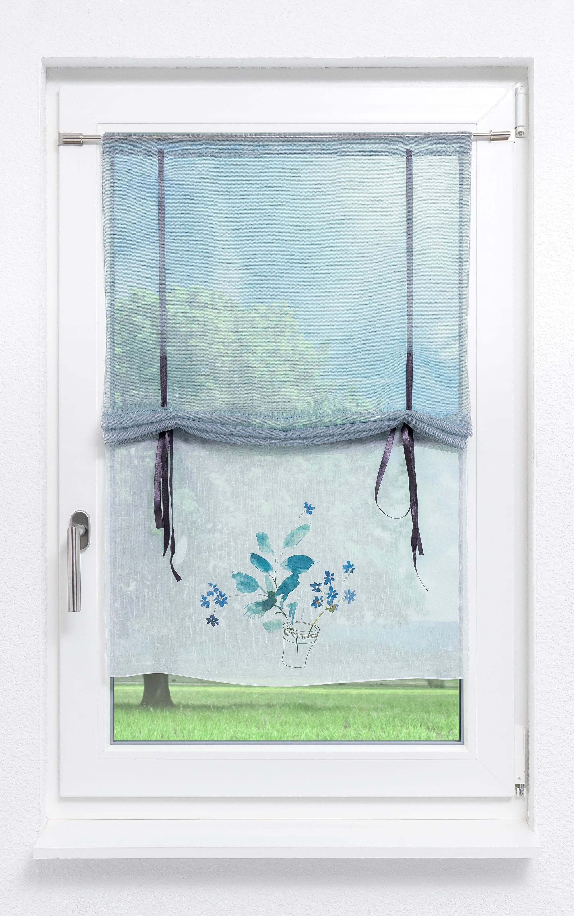 Lysel - Bändchenrollo Flachs Blumen im Raumtextilienshop